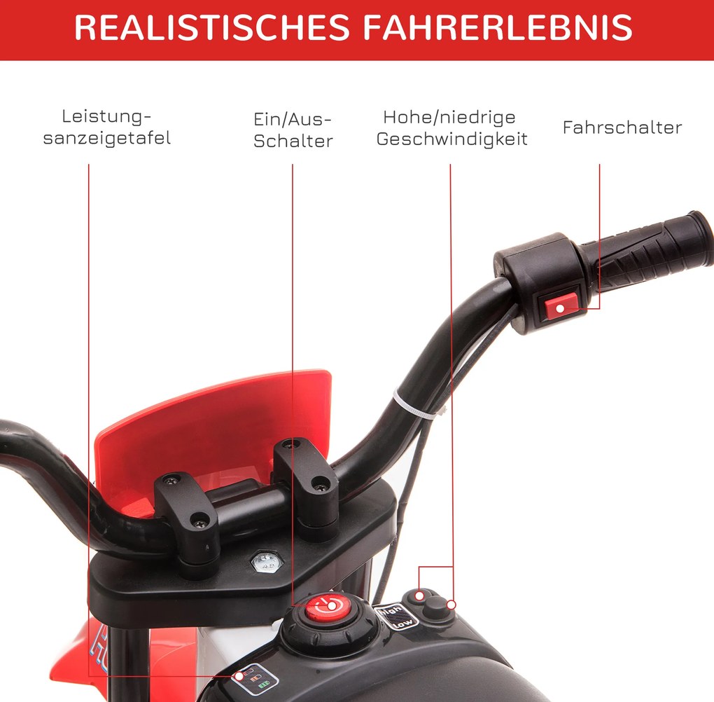 HOMCOM Dětská Elektrická Motorka 12V s 2 Odnímatelnými Stabilizátory pro Děti od 3 Let PP Kovová Červená+Bílá 106,5 x 51,5 x 68 cm