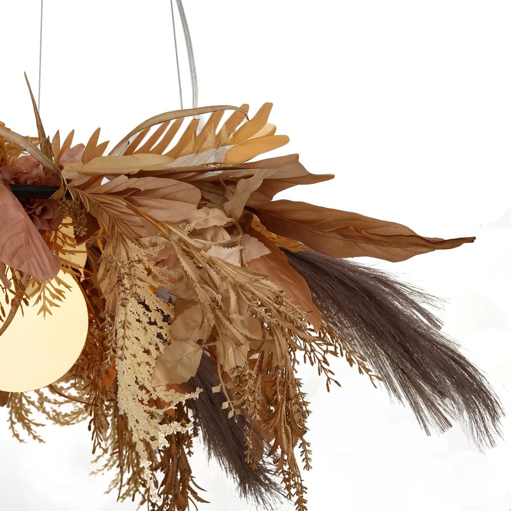Japandi hanglamp zwart met beige bloemen en wit glas - Flower Power