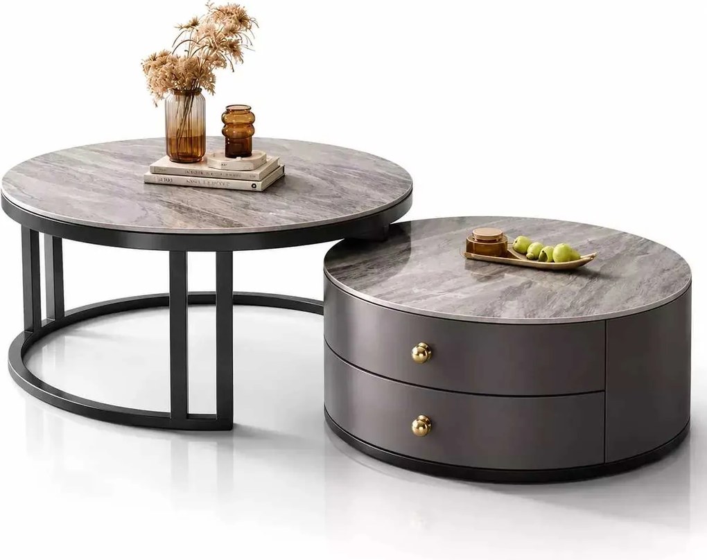 LuxuryForm DESIGN Konferenční stolek ORION 70 × 70 / 50 × 50 cm – šedý / šedý mramor (set 2 ks)