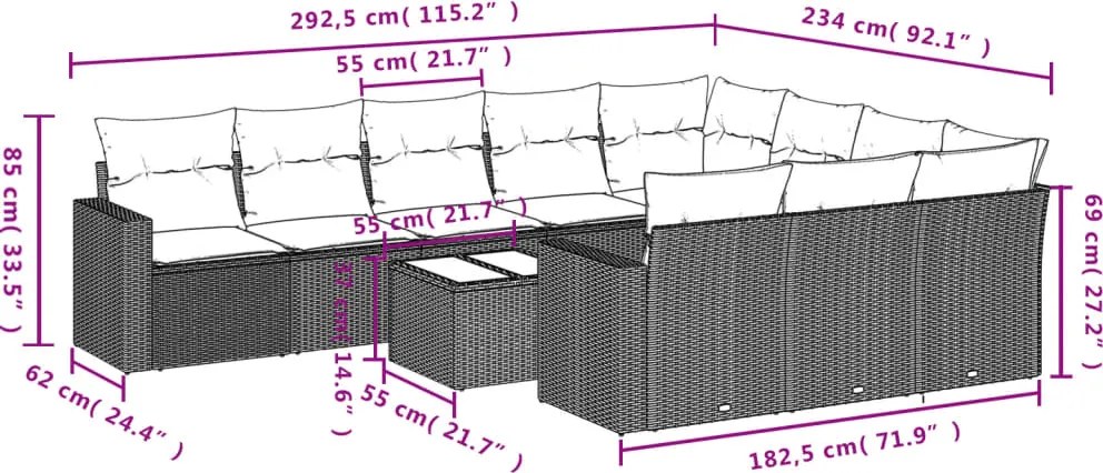 11dílná zahradní sedací souprava s poduškami černá polyratan 3251832