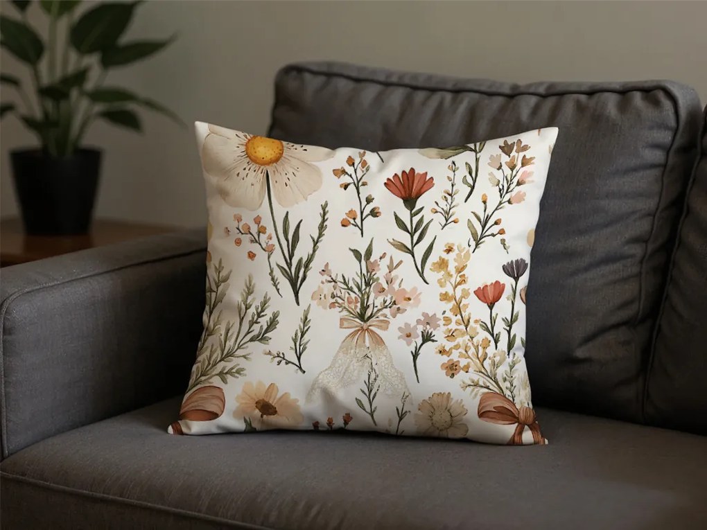 Polybavlněný povlak na polštář FLORAL RIBBON POLY 45x45 cm, krémový