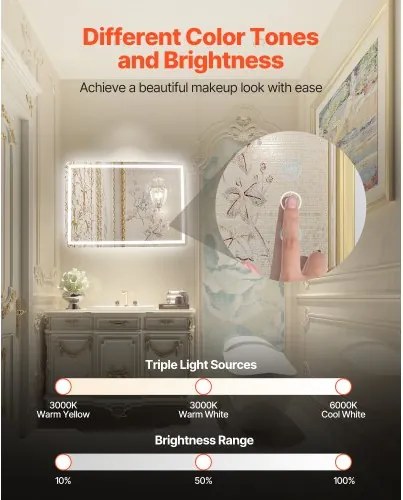 LED koupelnové zrcadlo 3 barevné nástěnné toaletní zrcátko proti zamlžování 70 ×