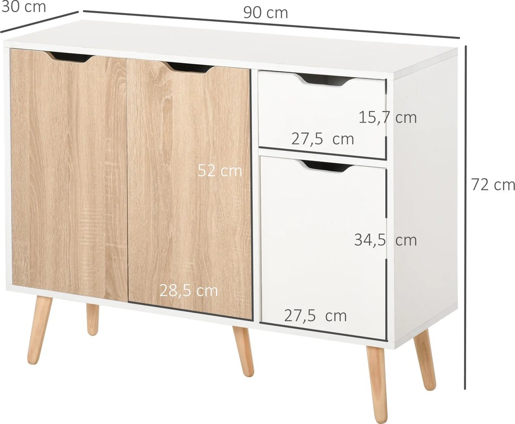 HOMCOM Moderní komoda se 3 dvířky a zásuvkou 90x30x72 cm Bílá a přírodní dřevo
