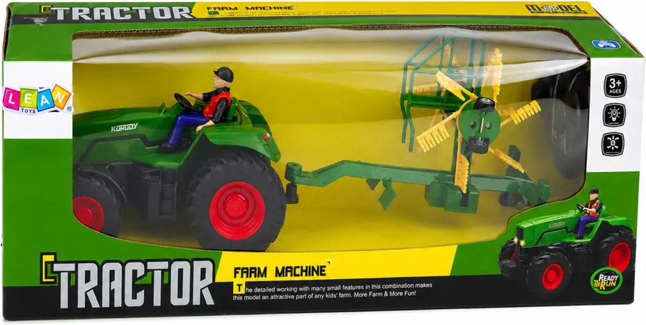 LEAN Toys Zemědělský traktor s obracečem a farmářem, dálkově ovládaný RC, se světly, měřítko 1:24