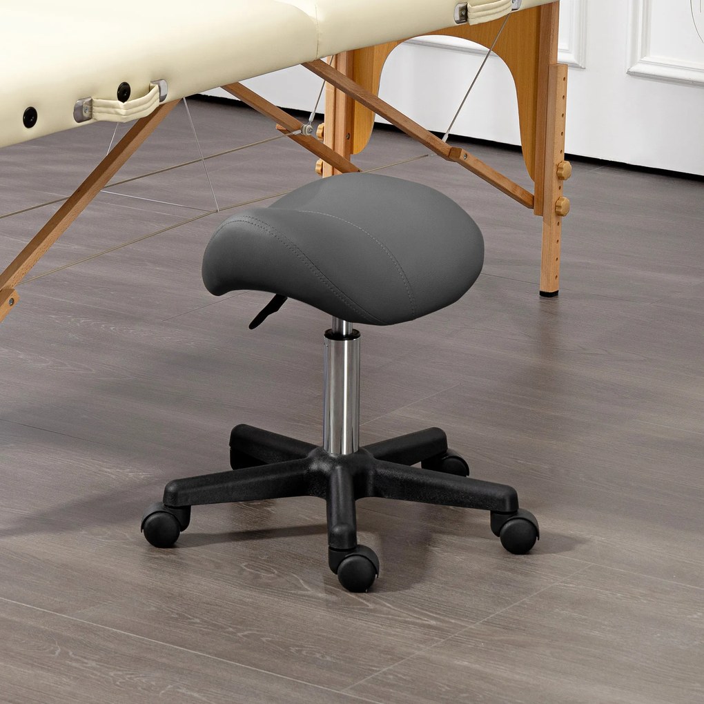 HOMCOM Pojízdná stolička, sedlo ve tvaru sedla, výškově nastavitelná, otočná o 360°, umělá kůže, šedá, 48 x 47 x 45-59 cm