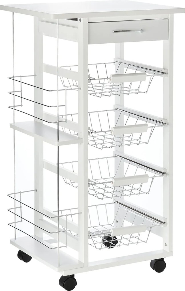 HOMCOM Kuchyňský vozík na kolečkách - Víceúčelový vozík se zásuvkou, 4 odnímatelné kovové košíky a boční regály, 47x37x83 cm, bílý | Aosom