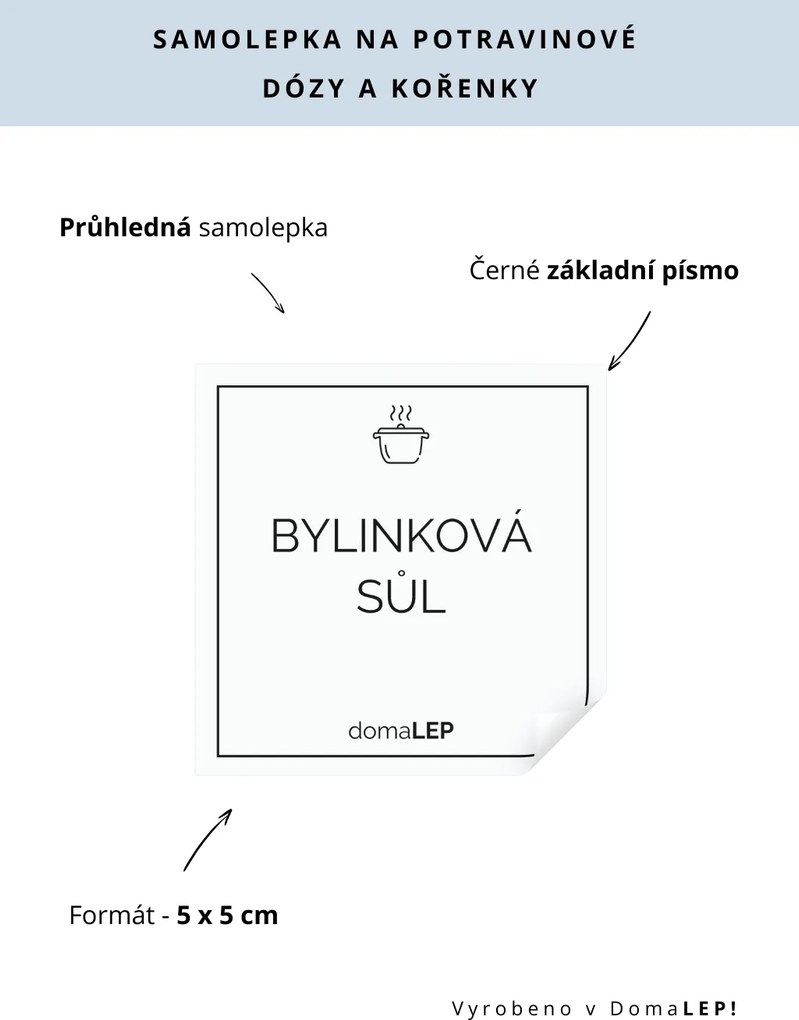 BYLINKOVÁ SŮL – průhledná samolepka na dózu, základní písmo, 5 x 5 cm | DomaLEP