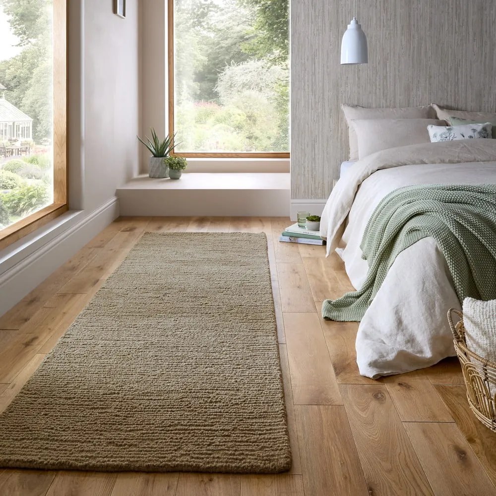 Khaki ručně tkaný vlněný běhoun 80x230 cm Harris Boucle – Flair Rugs