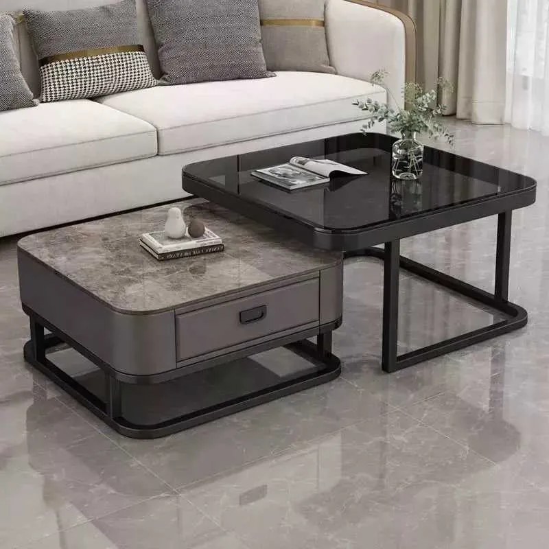 LuxuryForm DESIGN Konferenční stolek ARAGON 70 × 70 / 60 × 60 cm – šedý / šedý mramor + sklo (set 2 ks)