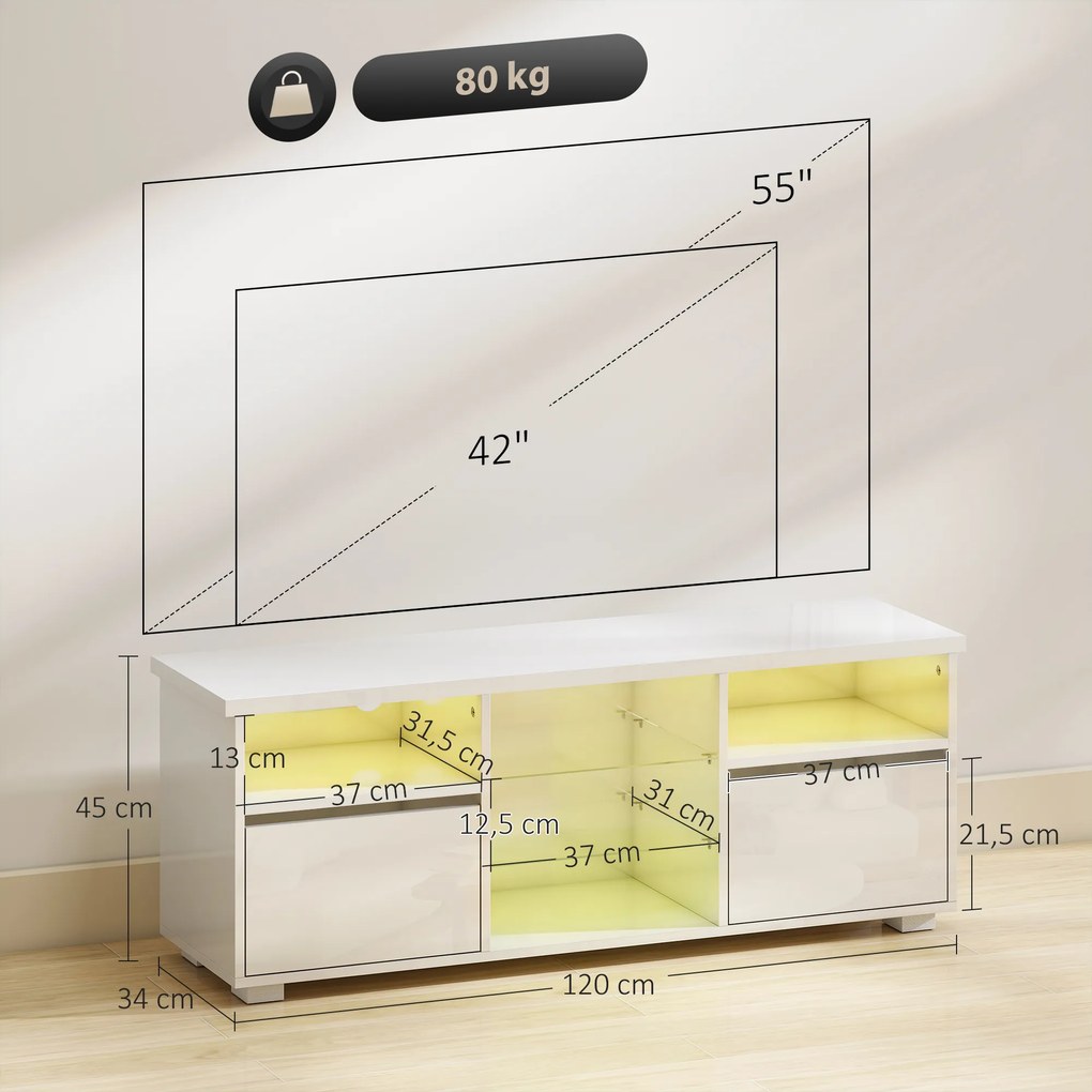 HOMCOM TV skříň 120 cm, TV stojan pro televize až do 55 palců s LED osvětlením a dálkovým ovládáním, bílé skleněné police