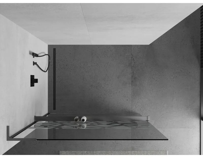 Mexen Kioto+ L, sprchová zástěna Walk-In s poličkou a věšákem 100 x 200 cm, 8mm čiré sklo bílý vzor, grafitový profil, 800-100-123-95-85