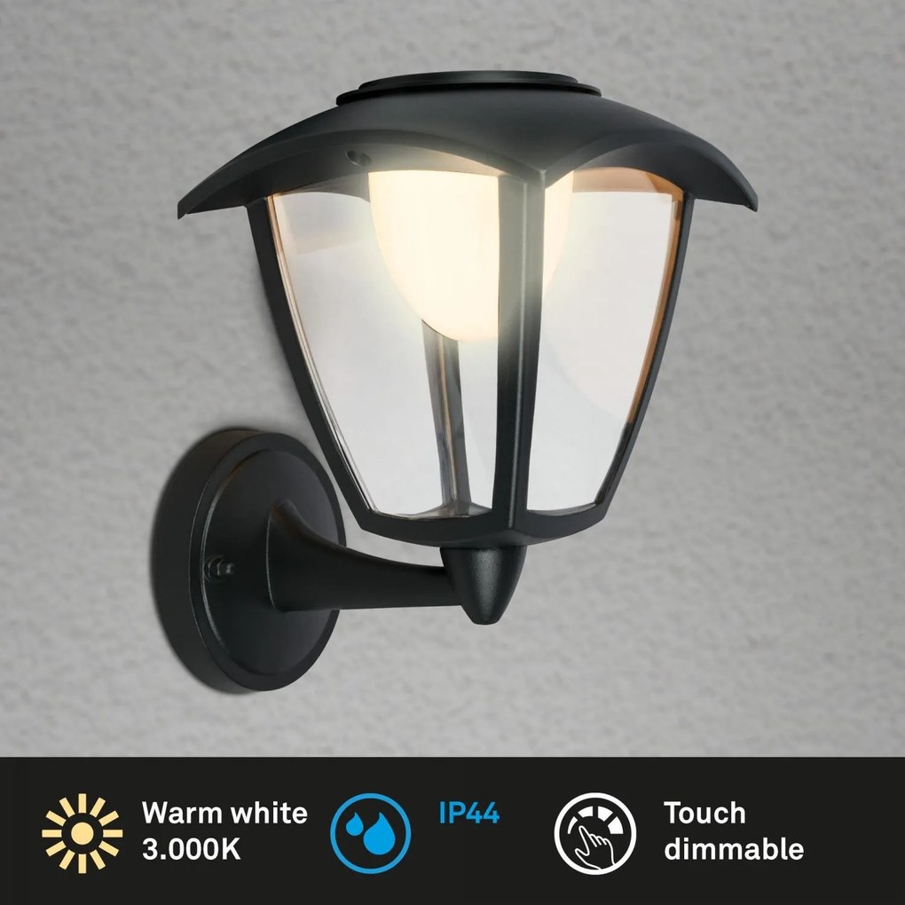 BRI 3929015 LED nabíjecí nástěnné svítidlo, venkovní, retro, dotykový vypínač, vyměnitelné baterie, vč. USB-C kabelu, stmívatelné, IP44, černá - BRILONER