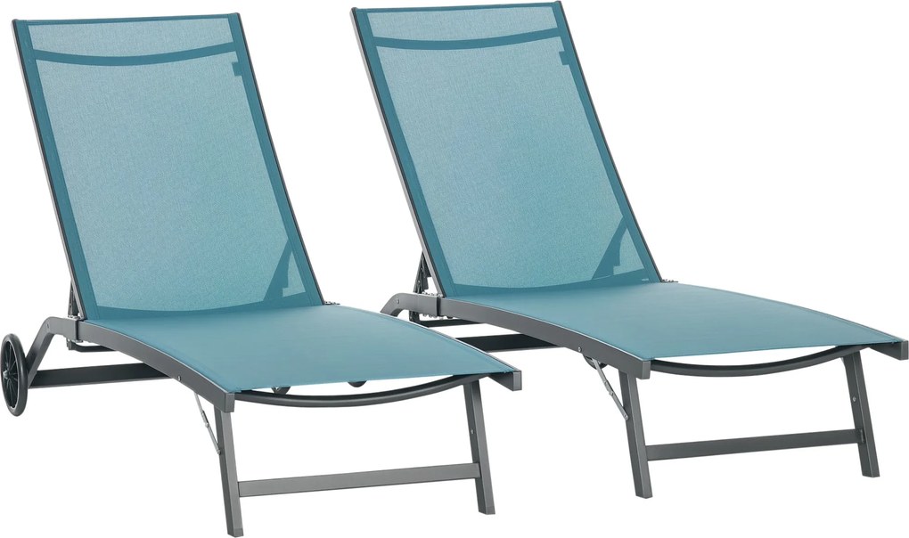 Outsunny Sada 2 venkovních zahradních lehátek, sklápěcí hliníková lehátka se 5 úrovněmi nastavení opěradla a kolečky pro pláž a bazén 165x66x102 cm Mo