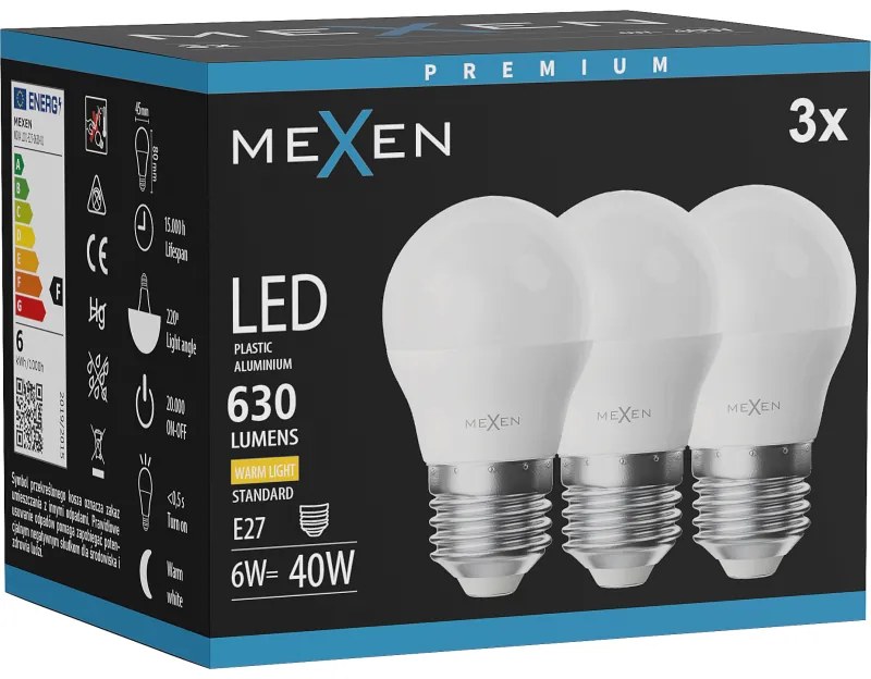 Mexen Nova 3x LED žárovka E27, G45, 6W, Teplá - 3000K, 630 lm - L101-E27-0630-01x03