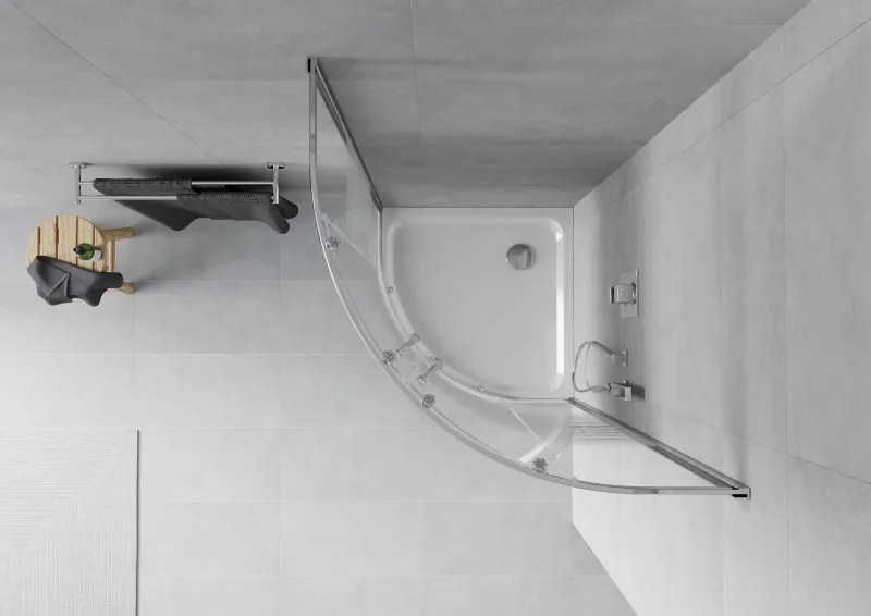 Mexen Rio, čtvrtkruhový sprchový kout s posuvnými dveřmi 90 x 90 cm, 5mm čiré sklo-pásky, chromový profil + bílá sprchová vanička, 863-090-090-01-20-4110