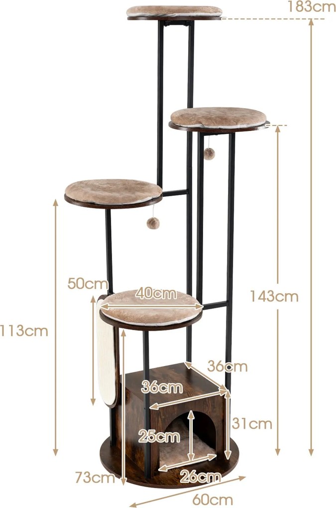 Costway Strom pro kočky 183 cm škrabadlo s 4 platformami domeček pro kočky 2