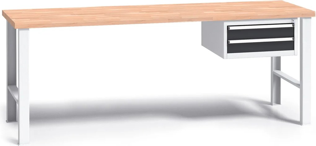 Pracovní stůl do dílny G3 se závěsným boxem na nářadí, buková spárovka, 2 zásuvky, pevné kovové nohy, 2000 mm, grafit