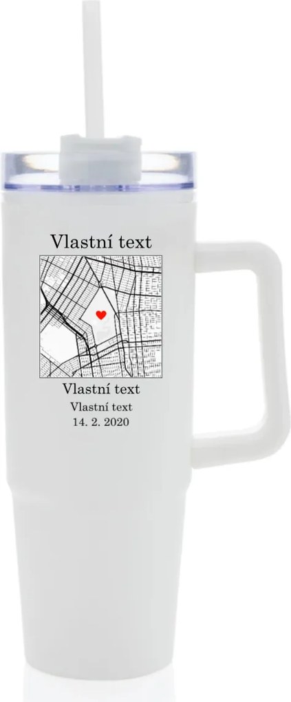 Personalizovaná cestovní termoska s průhledným víčkem s mapou