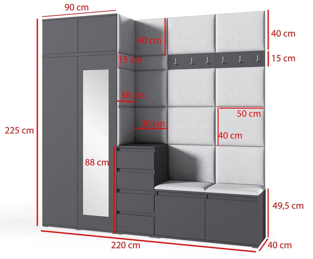 Eka Předsíňová stěna s čalouněnými panely Trinity 33 - Grafit / Světlá modrá 2322