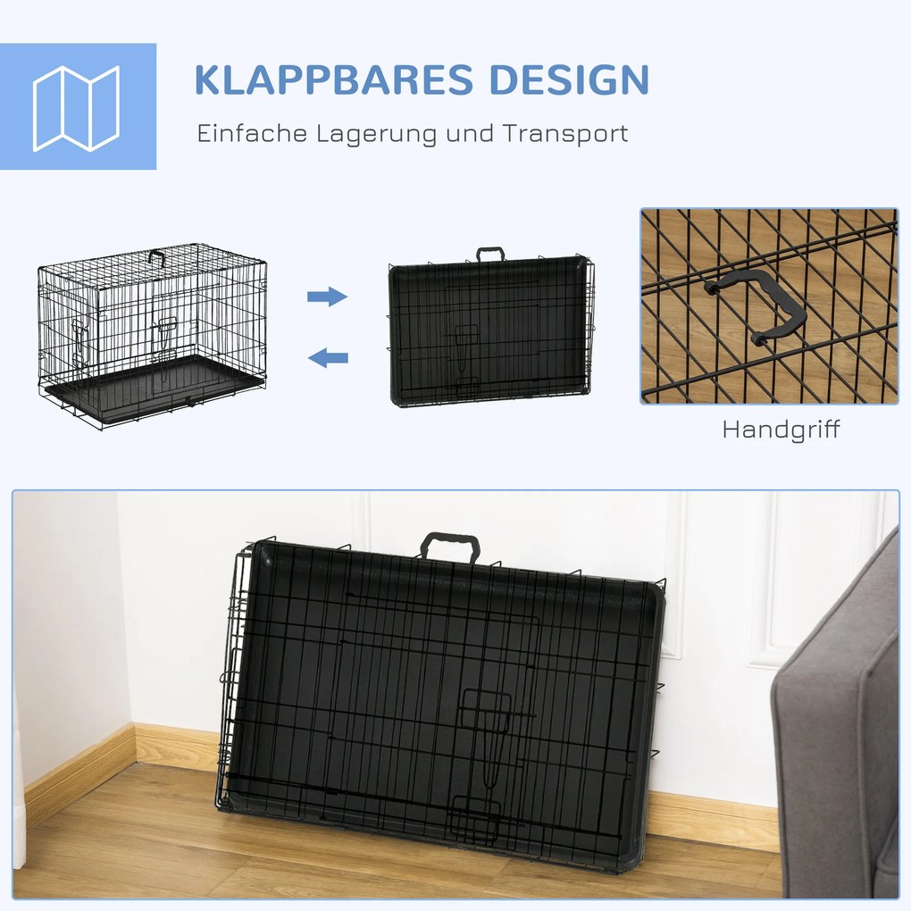 Přepravní box PawHut pro malá zvířata 76x46x52cm, skládací, kovový, černý, ideální pro cestování a bezpečnost