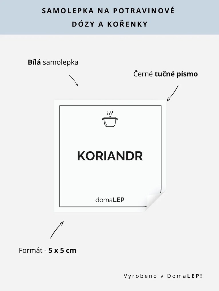 Samolepka na kořenky KORIANDR bílá 5 × 5 cm tučné písmo