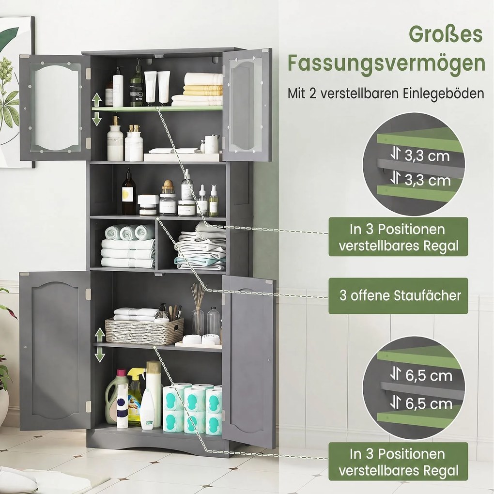 Costway Koupelnová skříňka Volně stojící vysoká s 4 dvířky a policemi, šedá