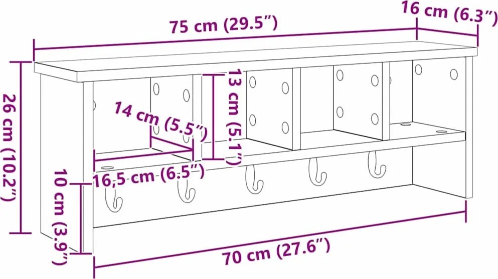 vidaXL Nástěnný věšák na kabáty Bílá 75 x 16 x 26 cm Kompozitní dřevo [874315]
