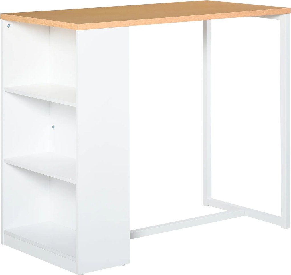 HOMCOM Vysoký Kuchyňský Stůl Barový Stůl s 3 Policemi Protipádový Kovový Rám 100 kg Nosnost pro Jídelnu 115x55x100 cm Bílý a Dub | Aosom