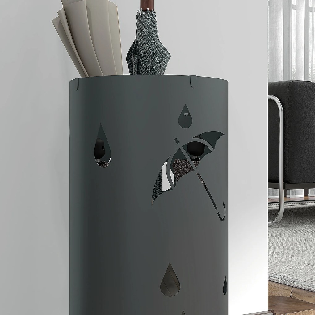 HOMCOM Stojan na deštníky, ocel, sloupovitý tvar, odnímatelná přihrádka na podstavci, Ø17 x 41V cm, šedý