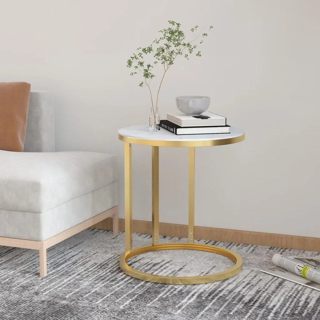 Odkládací stolek zlatý a bílý mramor 45 cm tvrzené sklo 331664