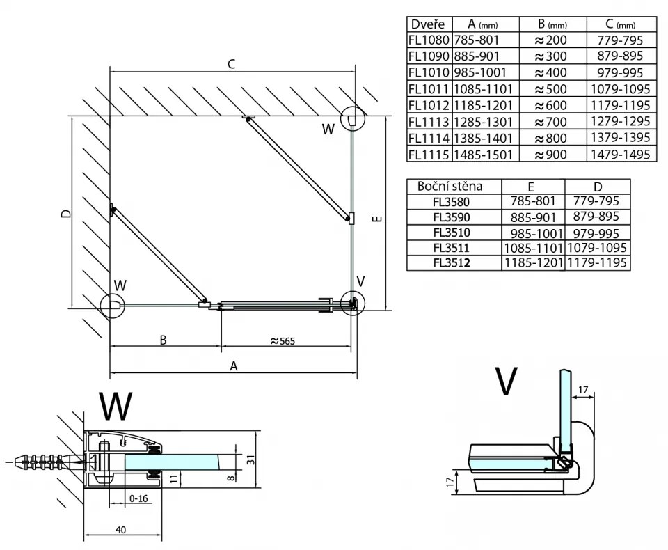 Polysan FORTIS LINE sprchové dveře 800mm, čiré sklo, levé FL1080L