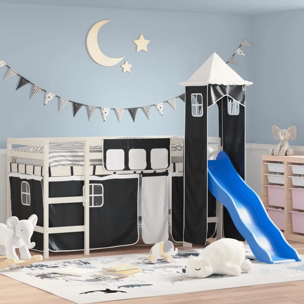 Dětská patrová postel s věží bílá a černá 90 x 190 cm borovice,  3207084