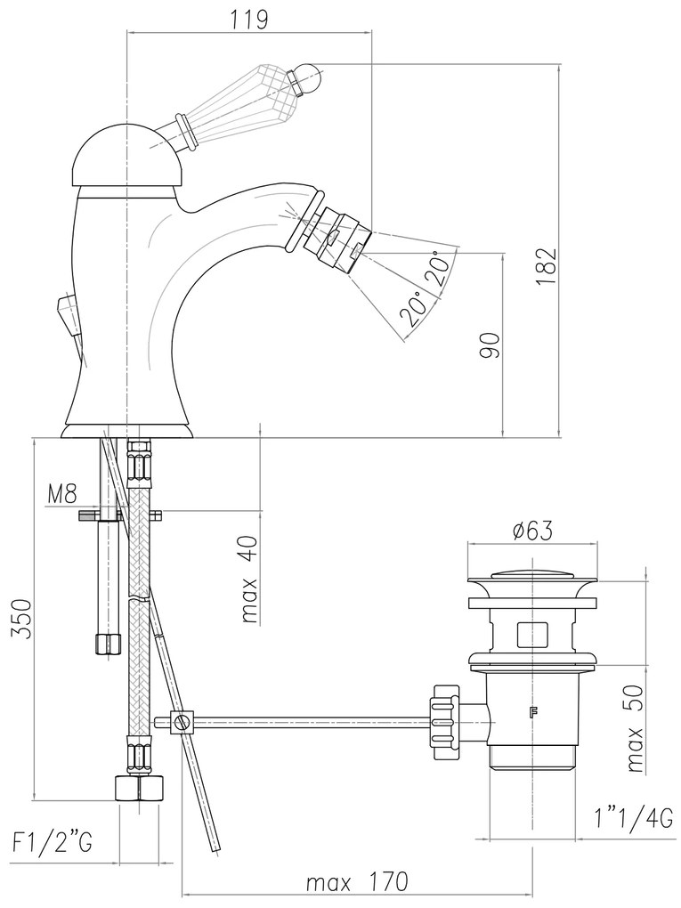 SAPHO KIRKÉ CRYSTAL stojánková bidetová retro baterie s výpustí, páčka krystal, zlato KI03KZ