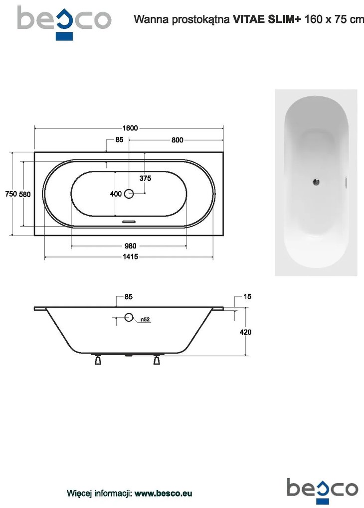 BESCO Obdélníková vana VITAE SLIM+ Barva sifonu - Černá, Nožičky k vaně - Bez nožiček, Rozměr vany - 160 × 75 cm - VANVIT16SLIMPLB