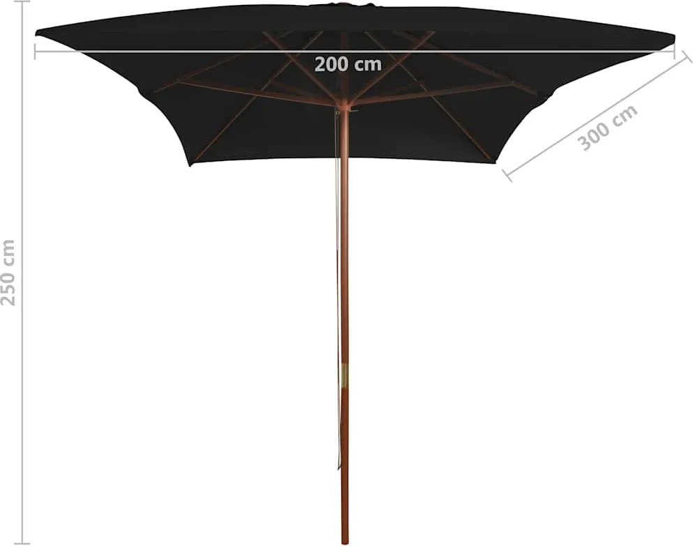 Zahradní slunečník s dřevěnou tyčí černý 200 x 300 cm 313760