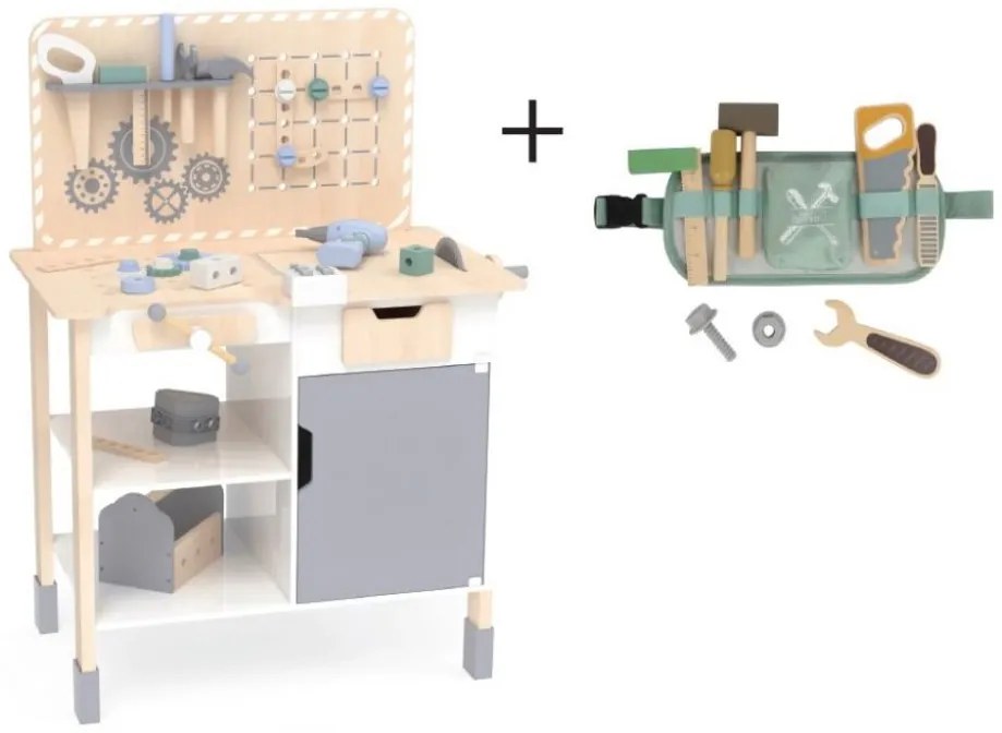elineli velký dřevěný dětský ponk s nářadím a rozšířeným příslušenstvím + opasek na nářadí zdarma
