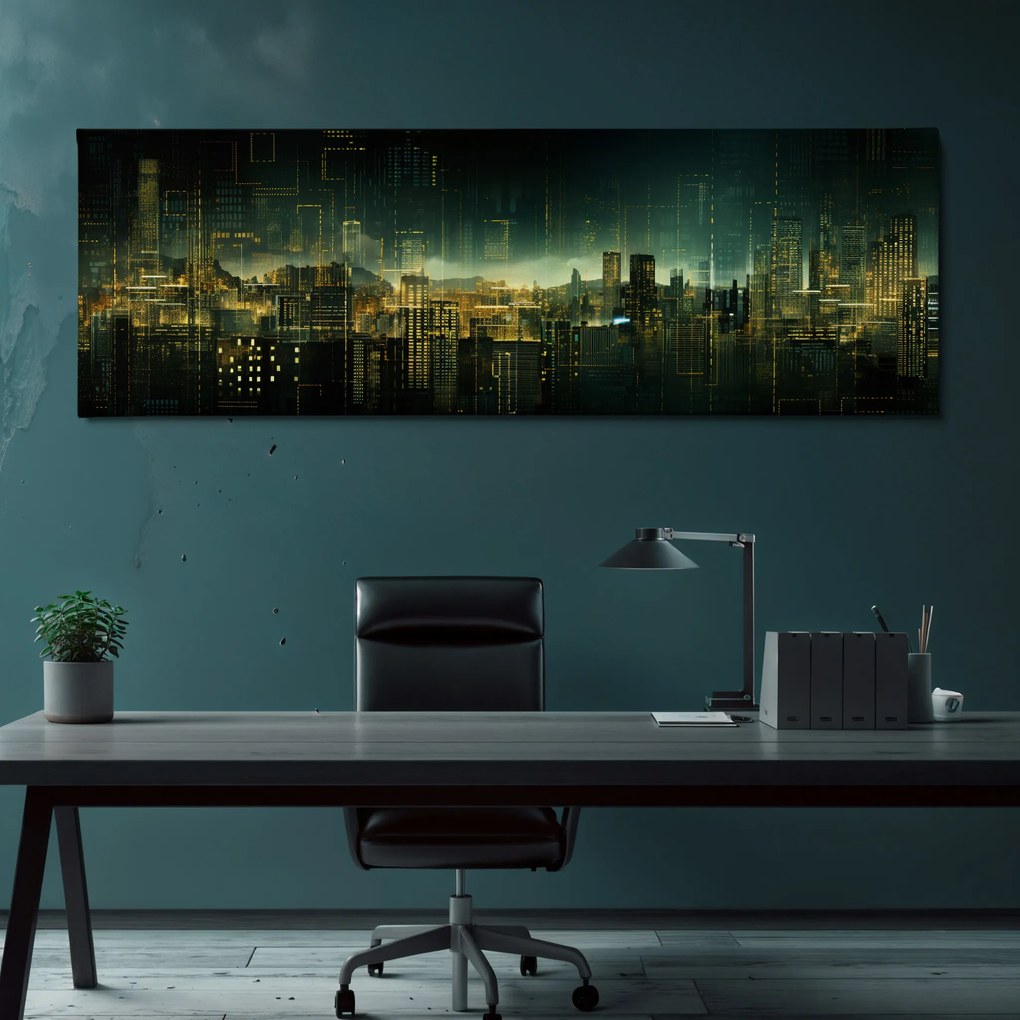 Obraz na plátně - Futuristické město - Světelná Abstrakce FeelHappy.cz Velikost obrazu: 120 x 40 cm