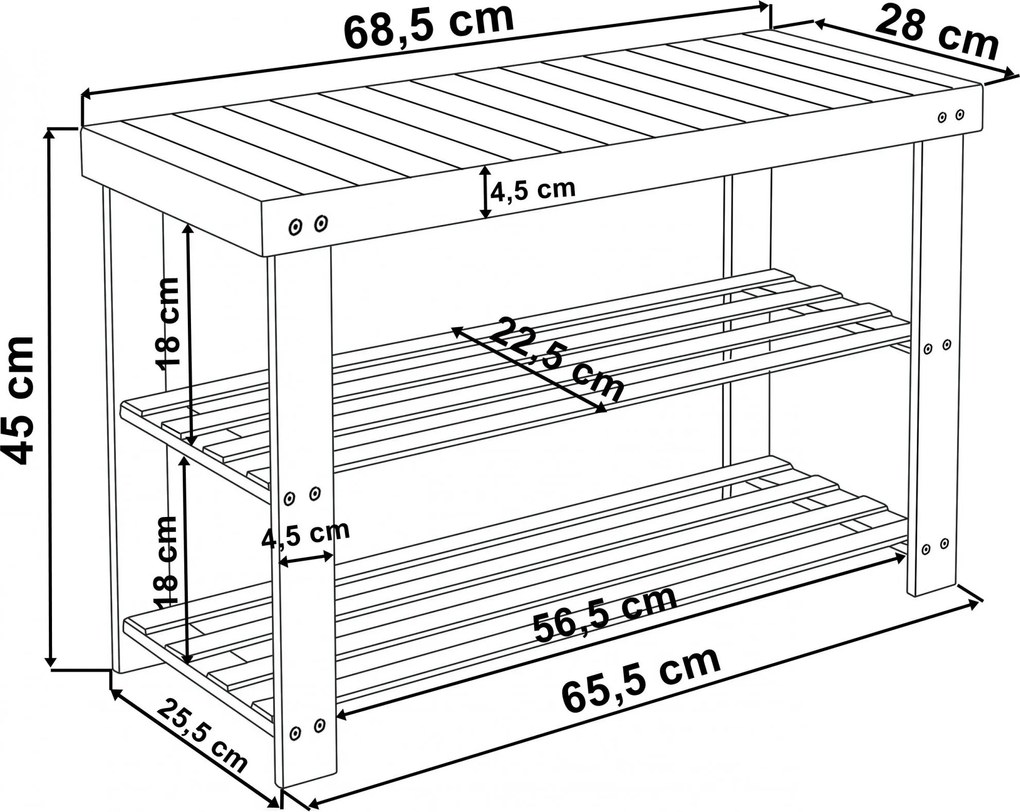 Bambusová lavice s policemi na boty se šedým sedákem Miloš