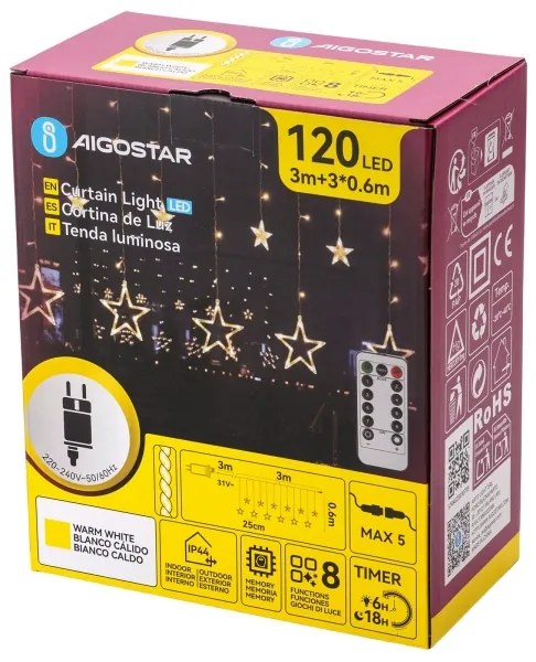 Aigostar - LED Ven. ván. řetěz 120xLED/6W/230V/8 funkcí 3x0,6m IP44 tep bílá+DO