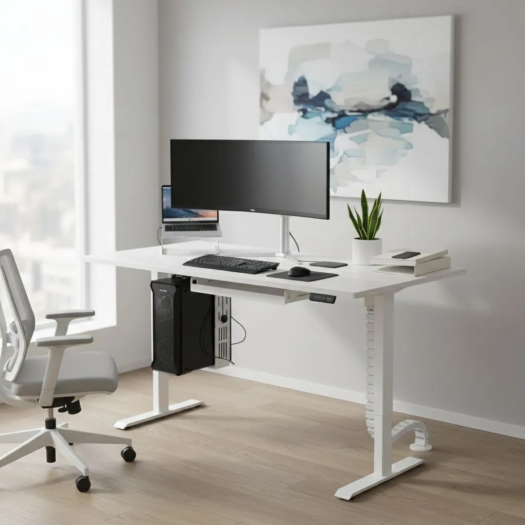 Výškově nastavitelný stůl OfficeTech D, 200 x 80 cm, bílá podnož, bílý jasan
