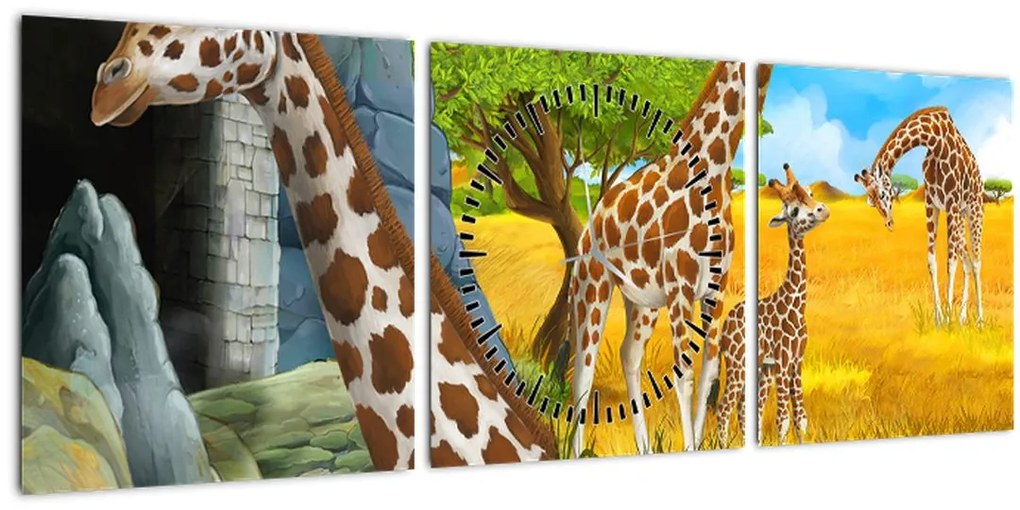 Obraz - Žirafí rodina (s hodinami) (90x30 cm)