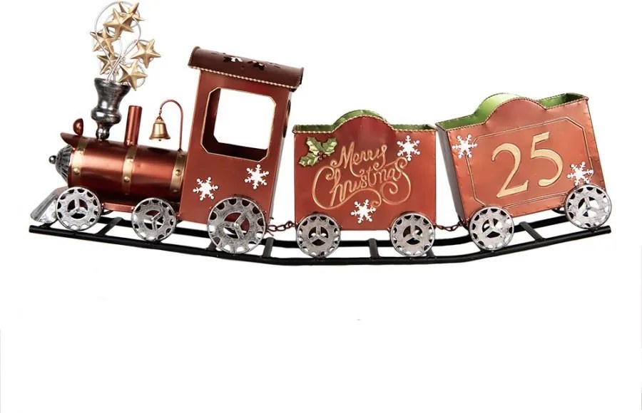 Červená kovová dekorace vláček na kolejích Christmas Train - 79*15*37 cm