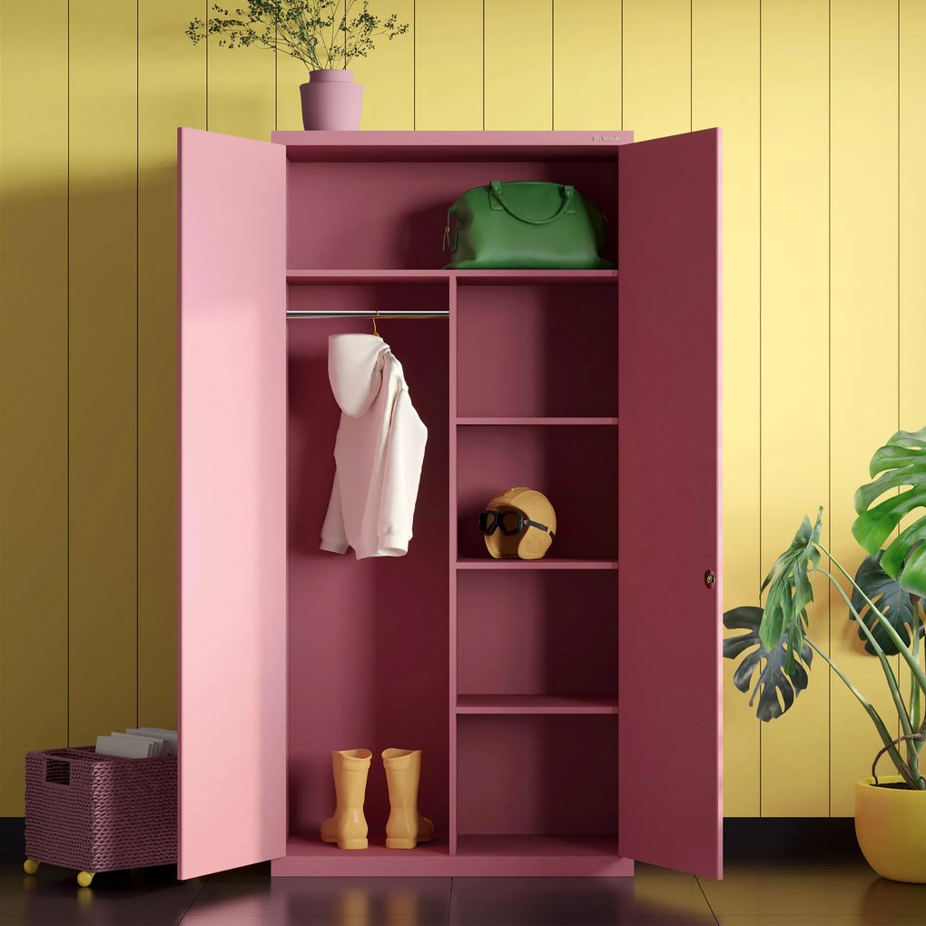 Víceúčelová kovová skříň s tyčí na šaty, pudrově růžová, 900x1850x450 mm: DAWID Fresh Style