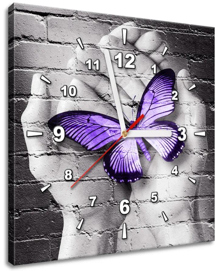 Gario Obraz s hodinami Fialový motýl na dlaních Rozměry: 30 x 30 cm