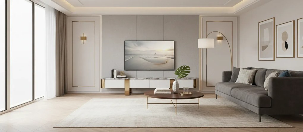 TV stolek Stilig ST922 200 cm bílý/zlatý/mramor