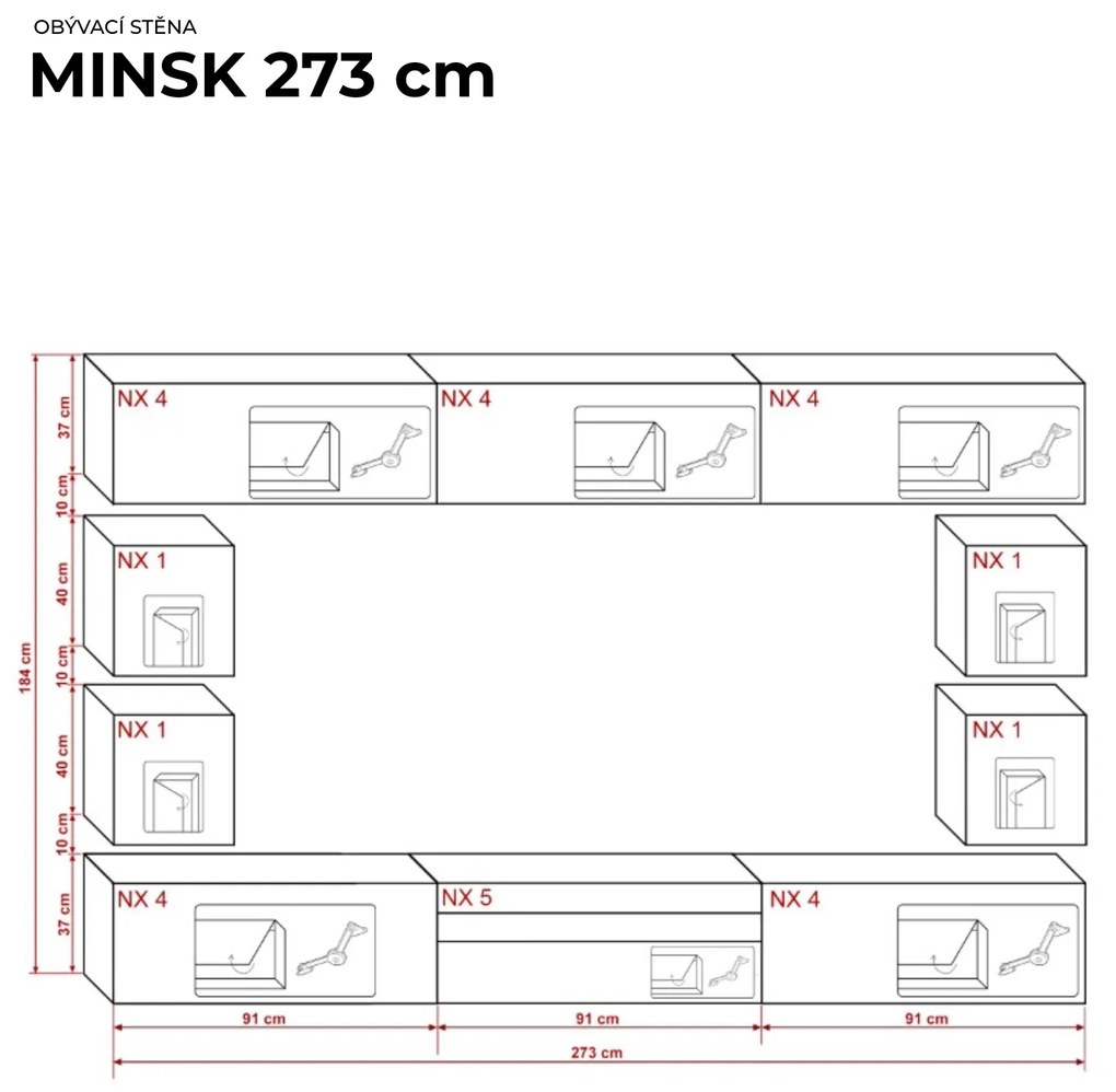 Ral Obývací stěna MINSK 4, 273 cm - Černý lesk