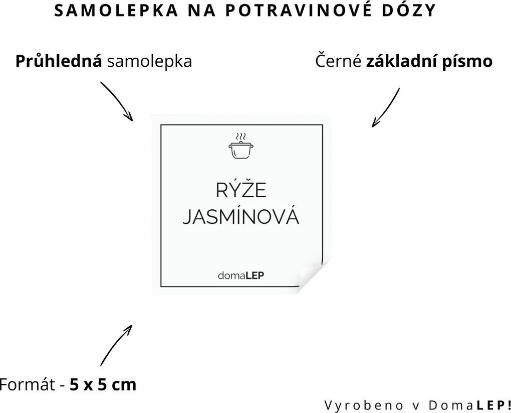 RÝŽE JASMÍNOVÁ - omyvatelná samolepka na dózu, výběr rozměrů Ø 5 cm / 5 x 5 cm / 6 x 8 cm | DomaLEP tvar: KOLEČKO, barva: PRŮHLEDNÁ - ČERNÉ písmo, velikost: Ø 5 cm - základní písmo