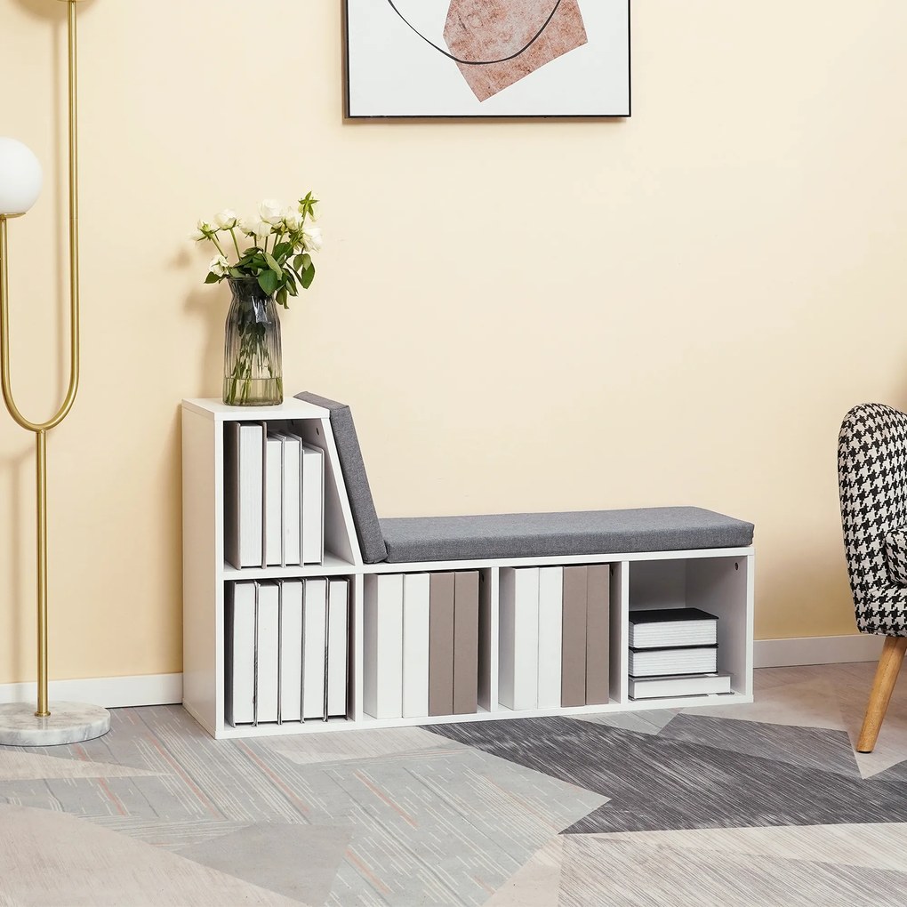 HOMCOM 2-in-1 úložná lavice s 5 přihrádkami a 2 polštářky, knihovna 108 x 30 x 60 cm, bílá šedá