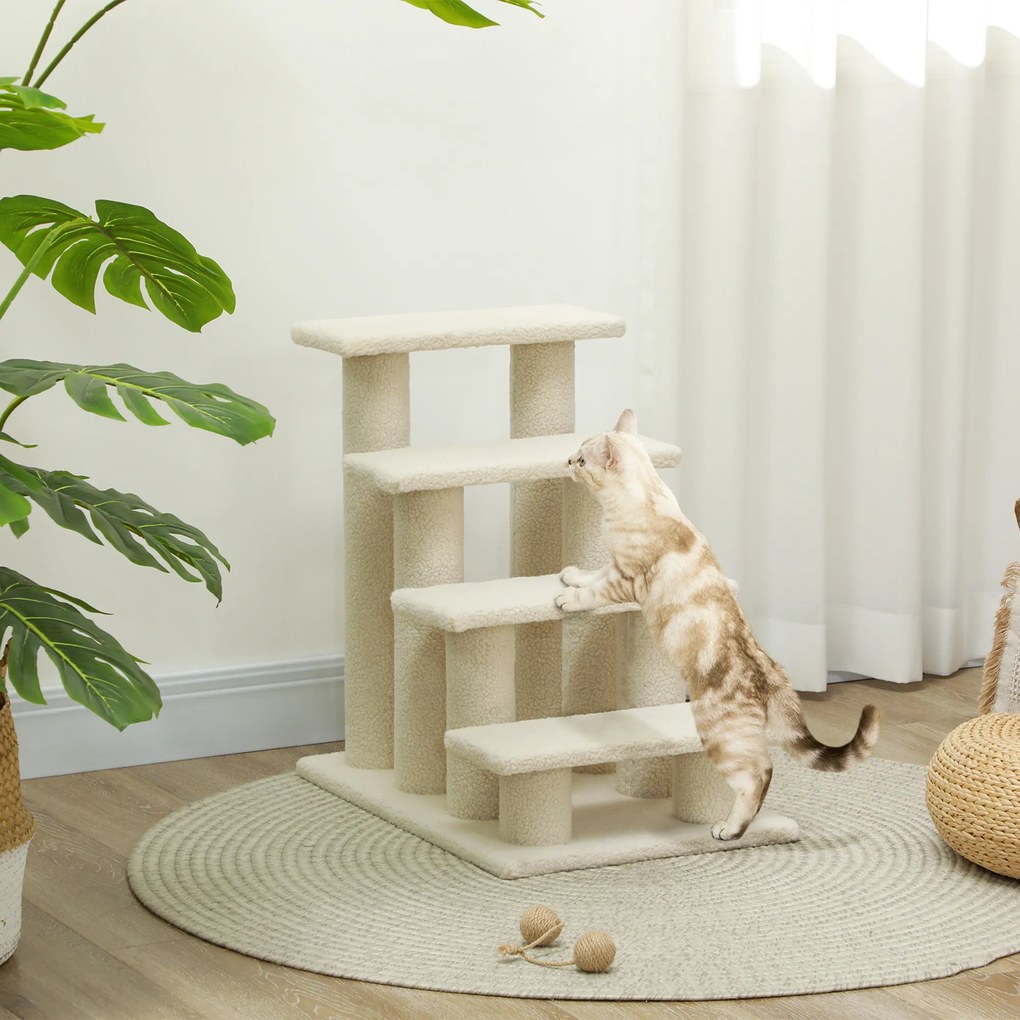 Schody pro psy a kočky PawHut 4stupňové plyšové béžové 63,5x43x60cm ideální pro starší zvířata