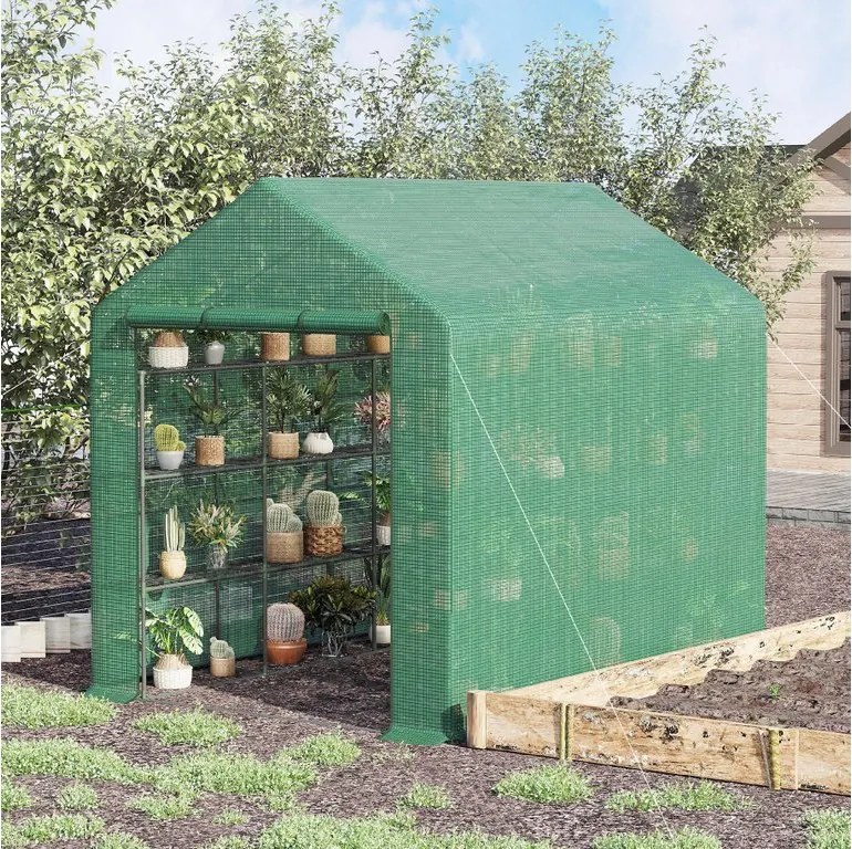 Outsunny Skleník s 8 policemi Skleník na rajčata Skleníkový chladicí rám s dveřmi Zelený ocelový PE plast 244 x 180 x 210 cm